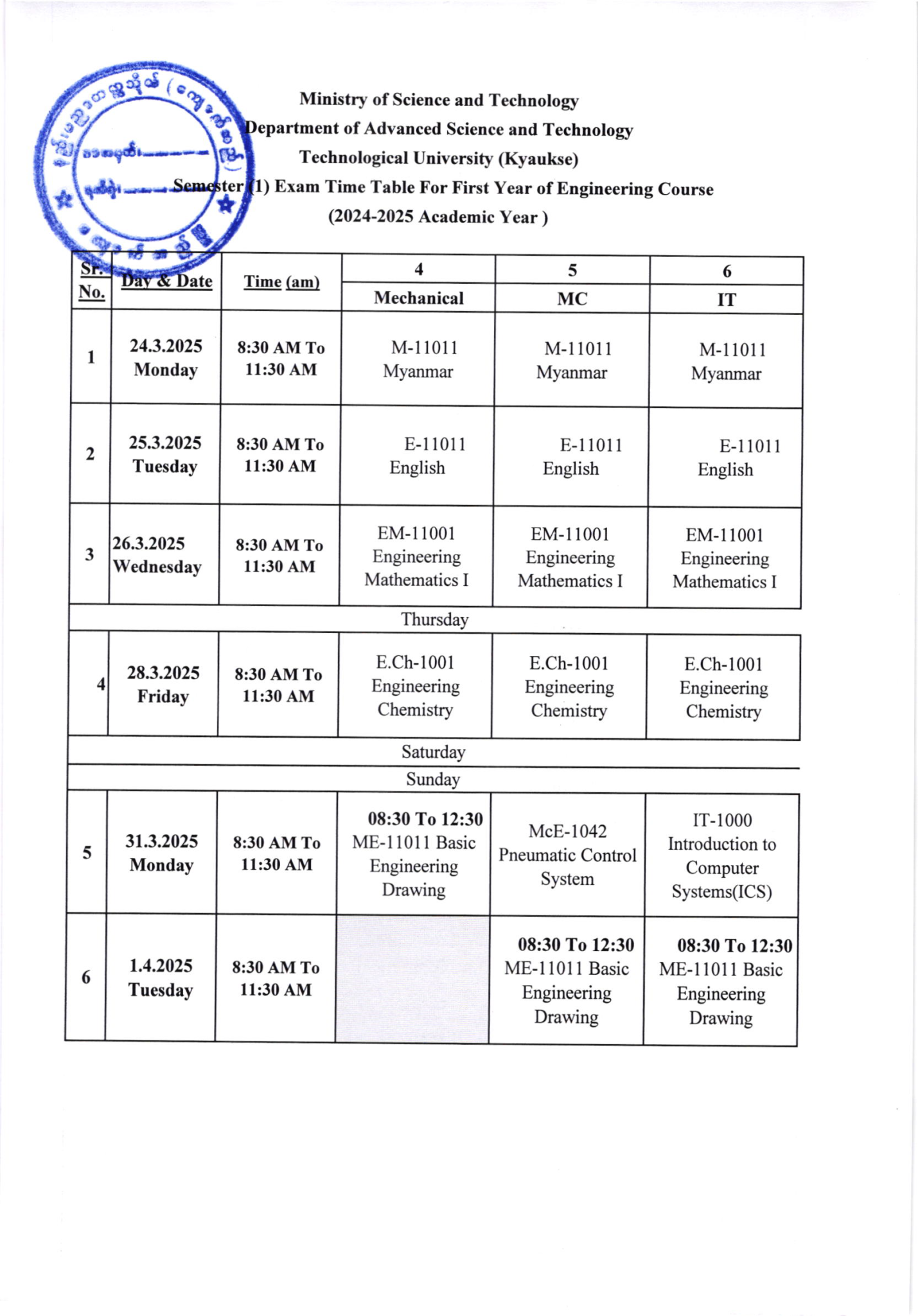 Semester (I) Exam Time Table – Kyaukse Technological University